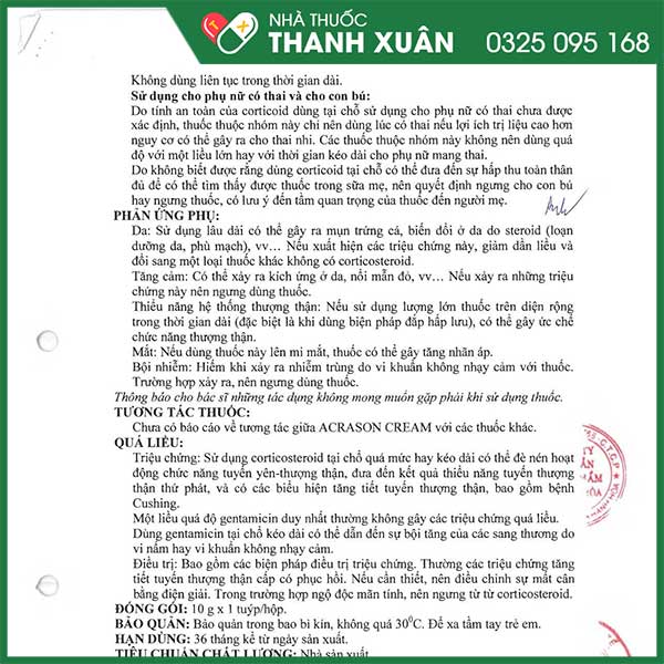 Thuốc Acrason Cream điều trị nấm da, dị ứng